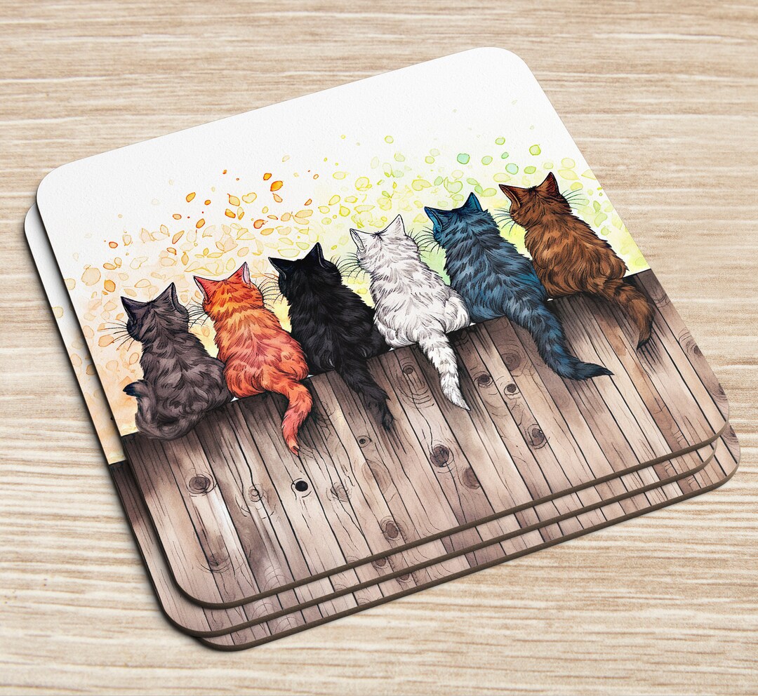 6 Cats Sitting on a Fence, Cute Drinks Coaster, in 4's or Singles ...