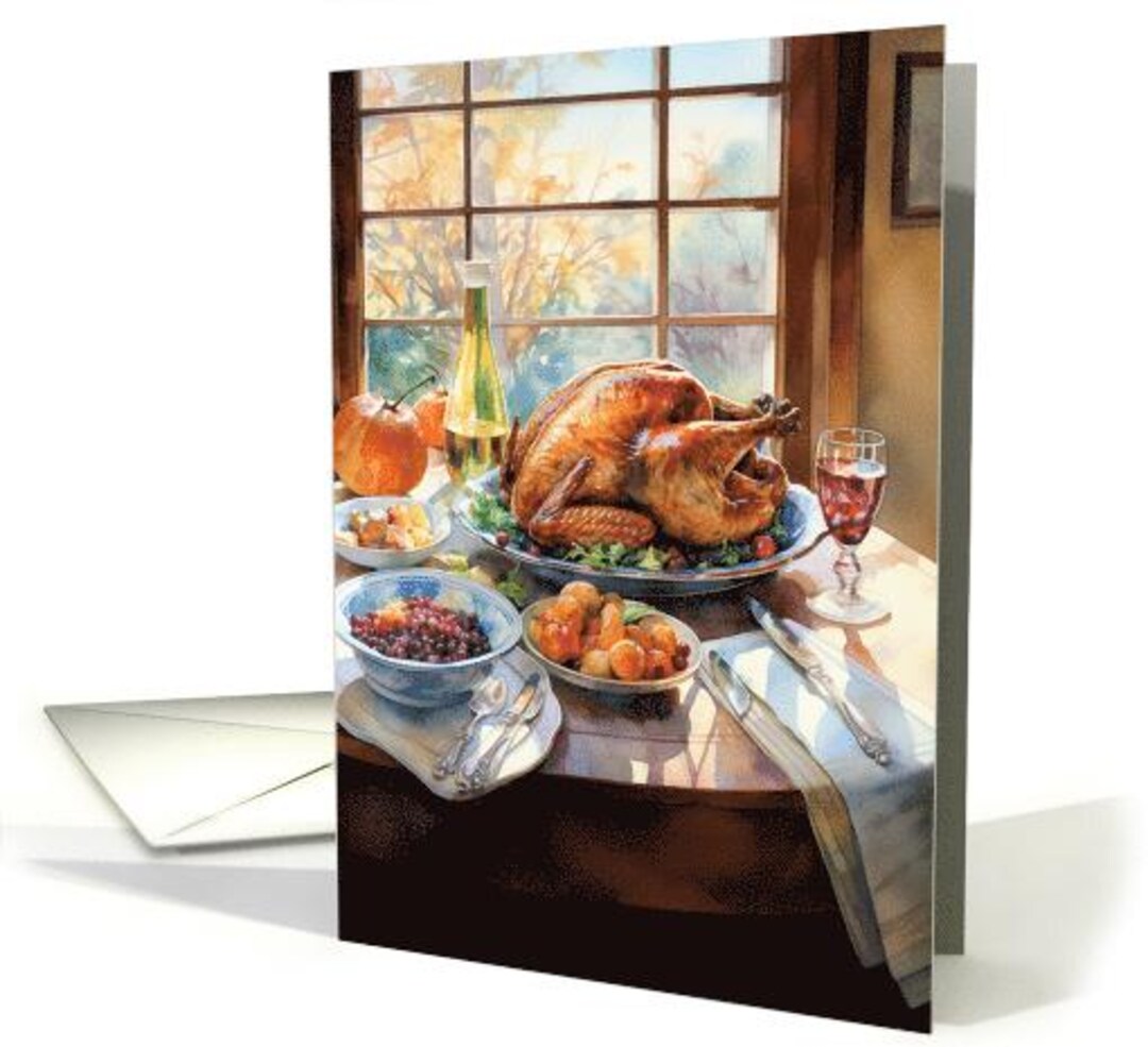 Thanksgiving Table With Drinks and Fruit Feast Watercolor Card - Etsy