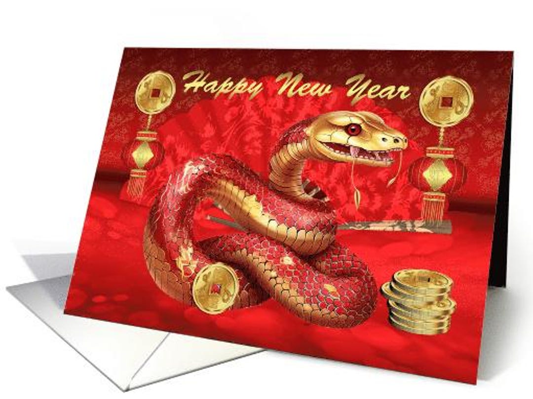 Chinese New Year of the Snake With a Fan Gold Coins and Lanterns Card ...
