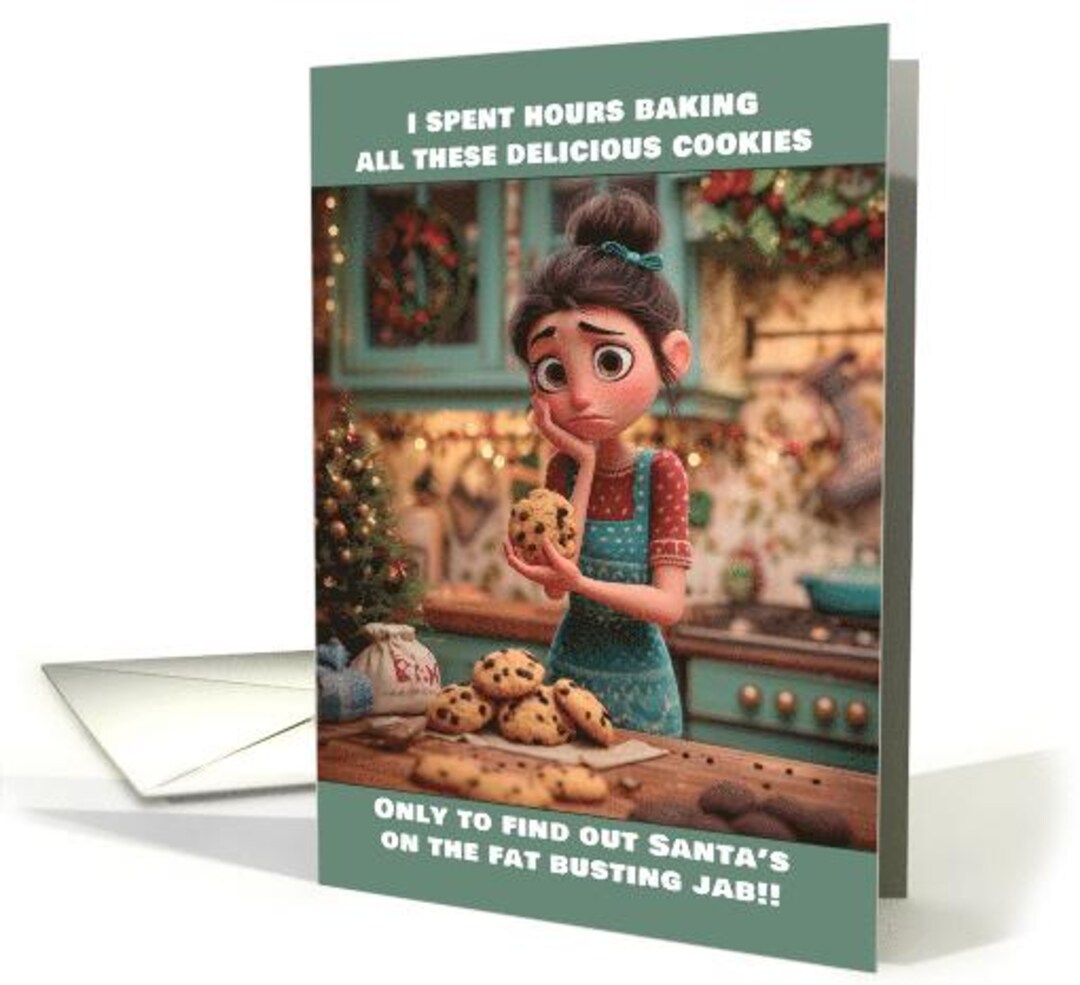 Funny Cartoon Cookie Baker Santa Fat Busting Jab Christmas Card 5x7 Pro ...