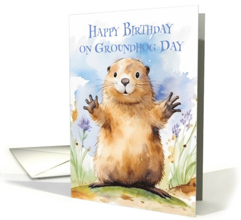 Birthday on Groundhog Day a Cute Groundhog Waving Card 5x7 Pro Card ...