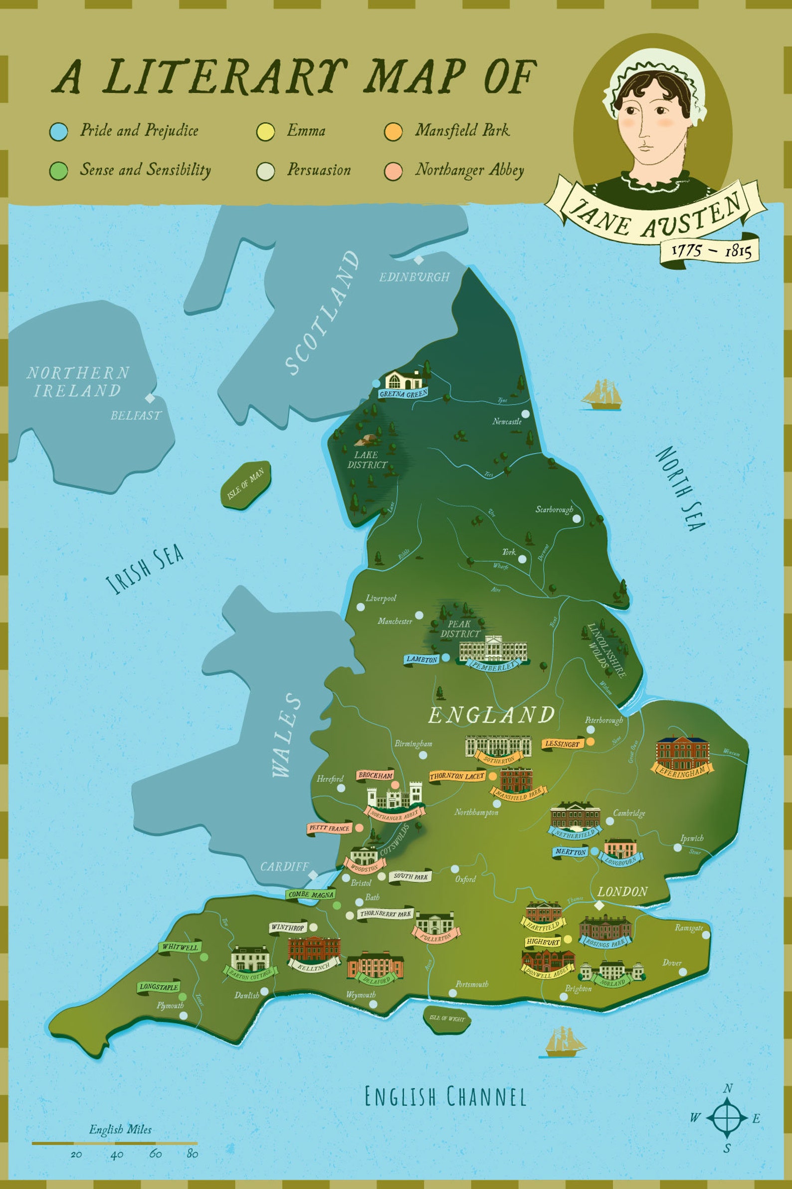 Jane Austen Literary Map | Books | Unframed - Etsy