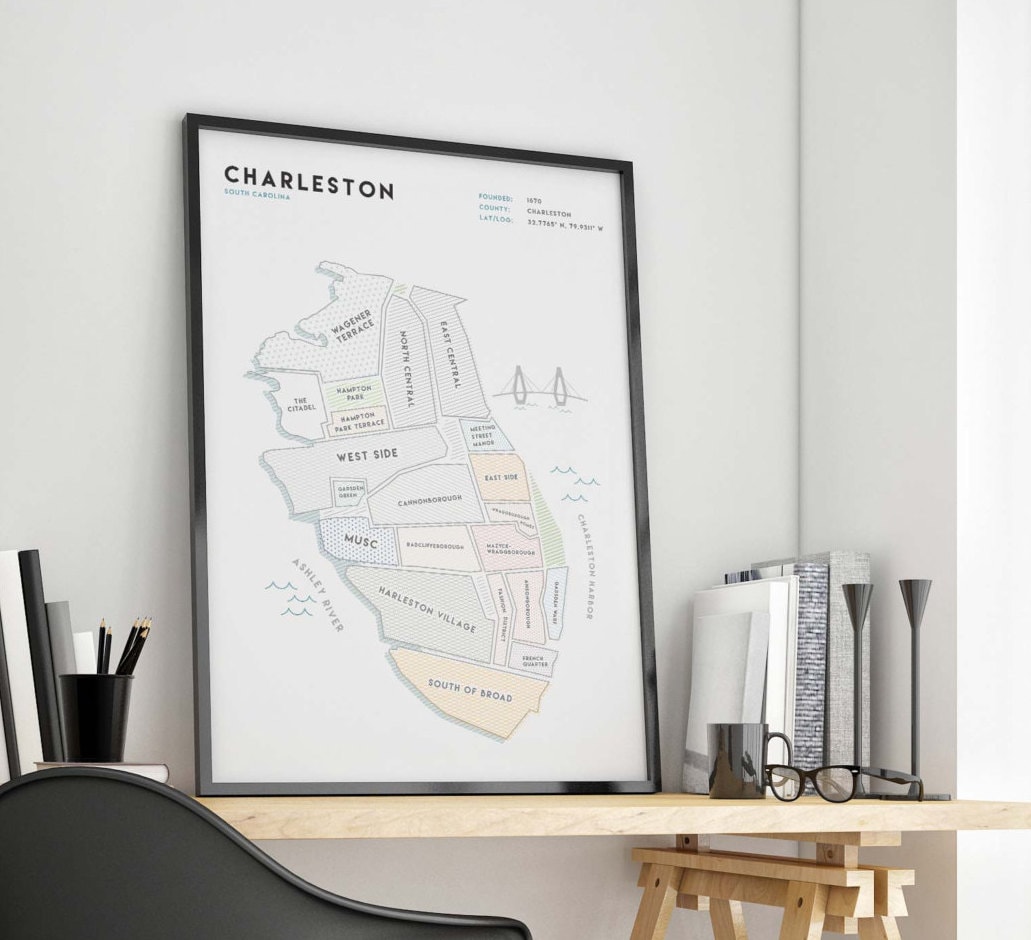 Whimsical Charleston SC Neighborhood Map Poster Unframed - Etsy Canada