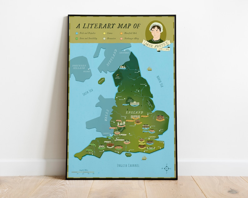 Jane Austen Literary Map Books Unframed - Etsy