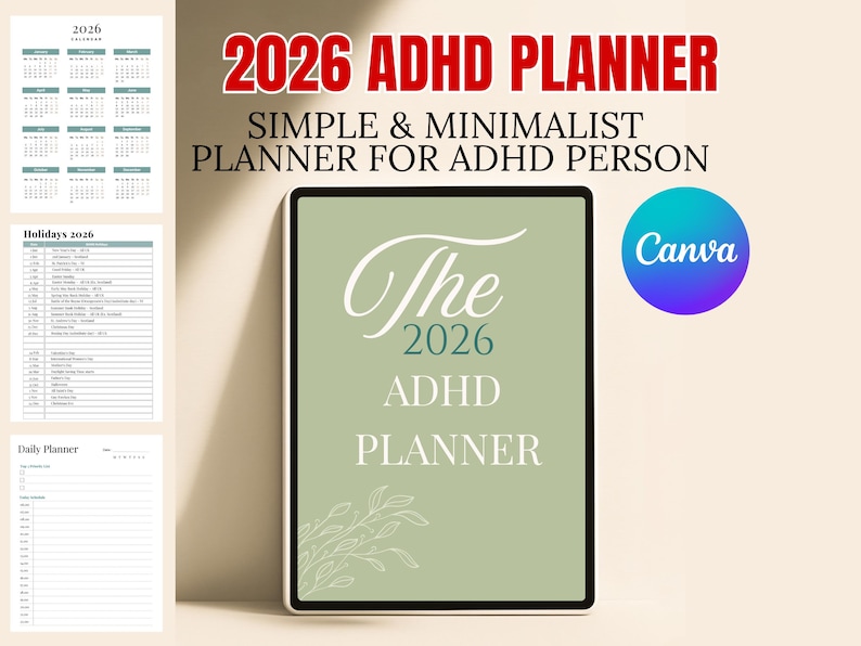 2026 ADHD Digital Planner | Editable, Printable, Canva Template | Daily ...