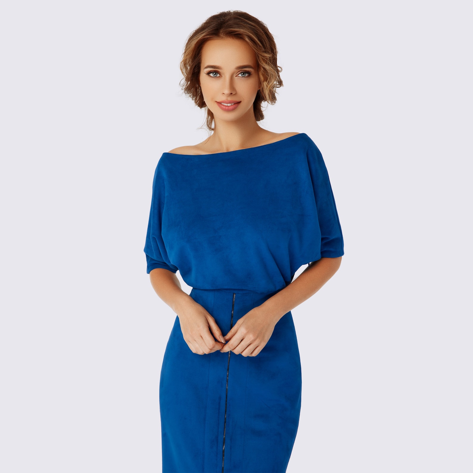 Blue Suede Dress, Blue Dress With Open Shoulder, Blue Dress With Pencil ...