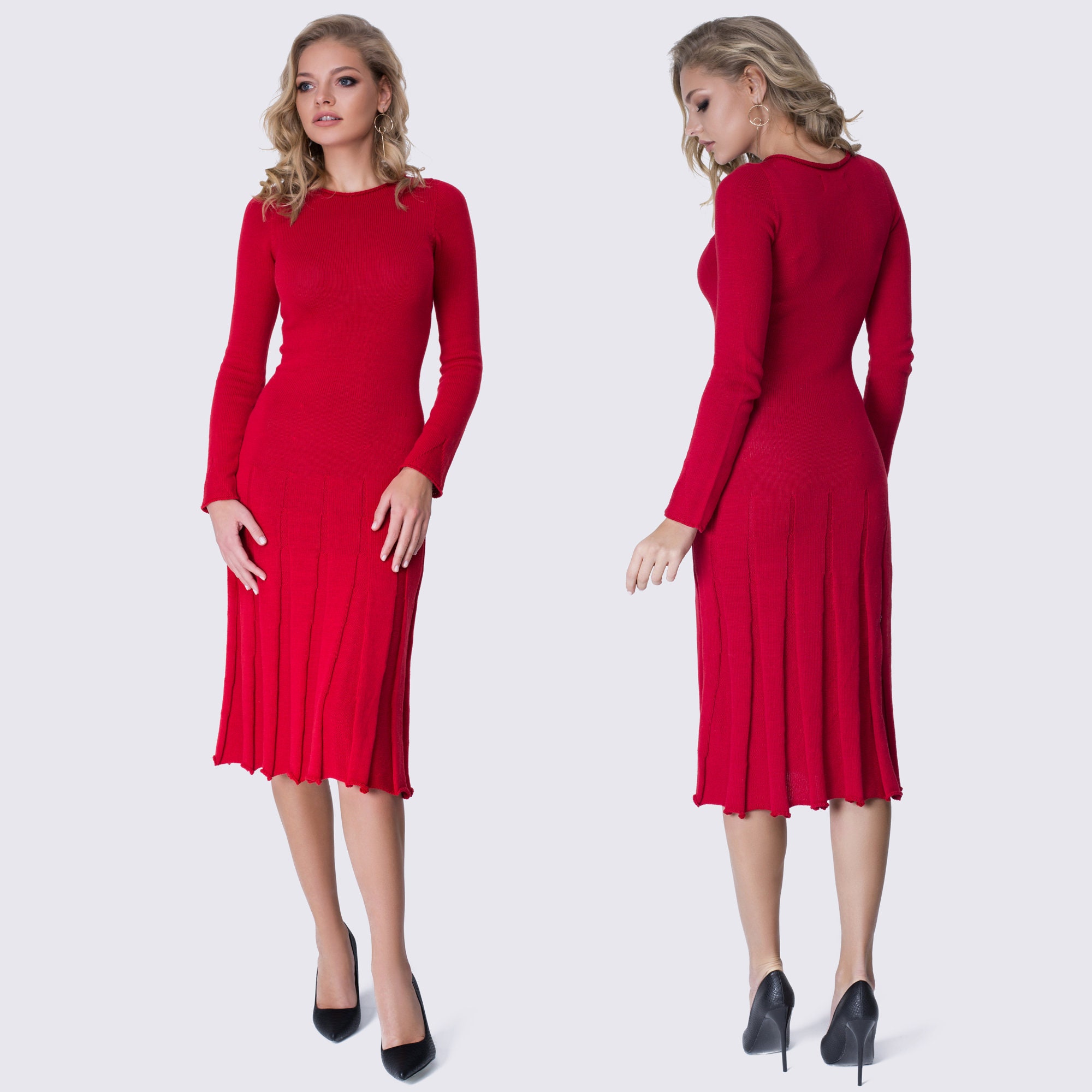Womens Red Sweater Dress Red Knit Midi Dress Cotton Knitted Etsy