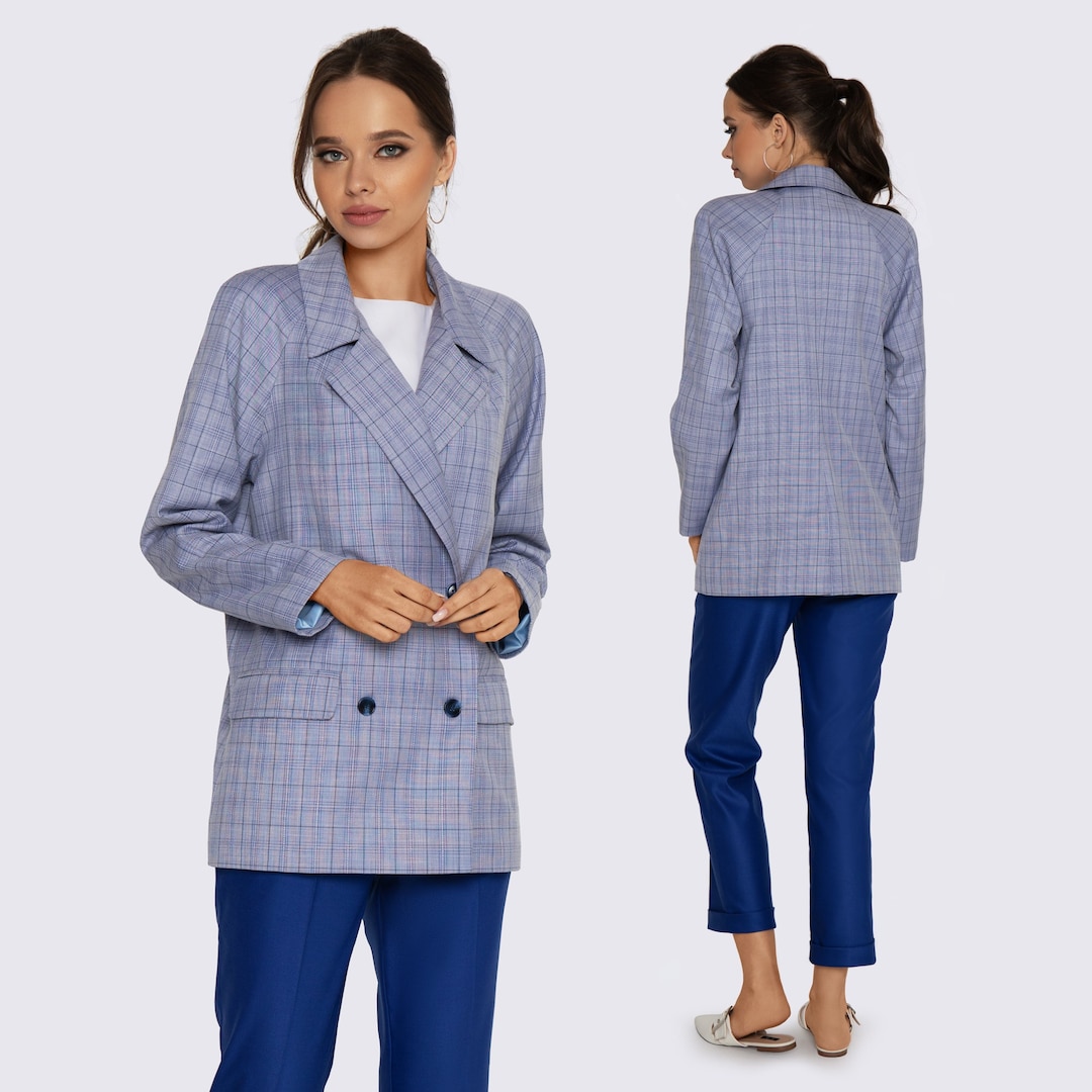 Women's Blue Jacket, Blue Plaid Jacket, Women's Checkered Jacket, Blue ...