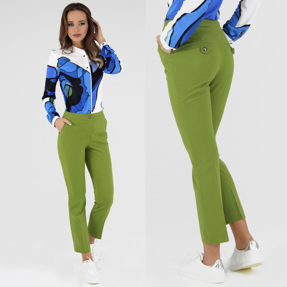 Green Pants With High Waist, Green Pants, Cropped Green Pants - Etsy