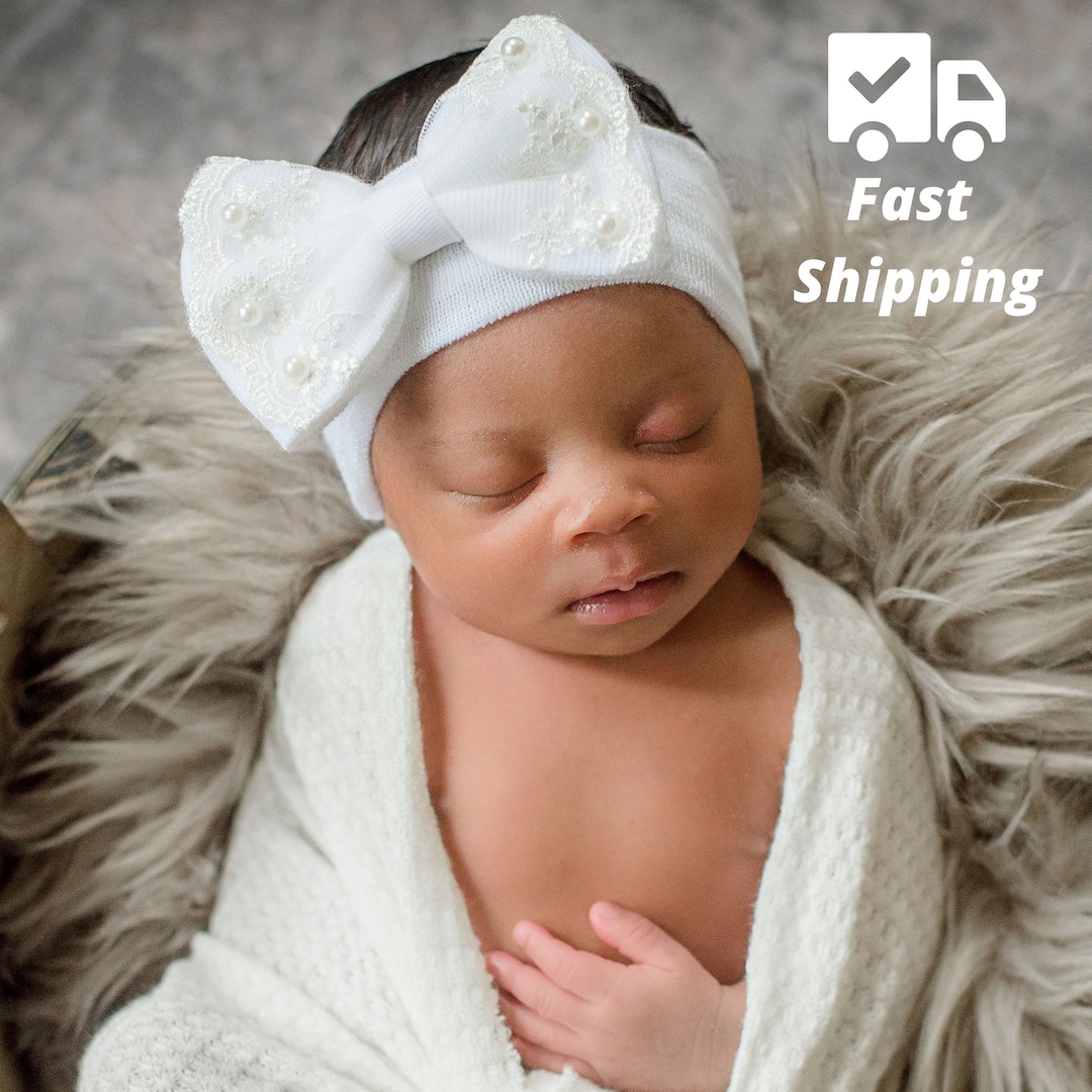 Newborn Girl Headband: White Lace, Pearl Trim, Stretchy Hospital ...