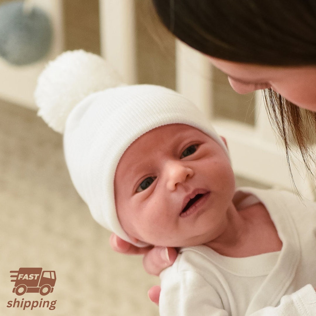 White Newborn Pom Pom Hat | Gender Neutral, Double Ply - Etsy