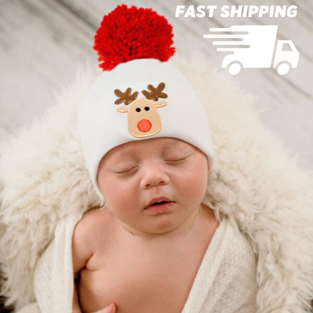 Reindeer Newborn Hospital Hat: Christmas Pom Pom Beanie, 2-ply Warmth ...