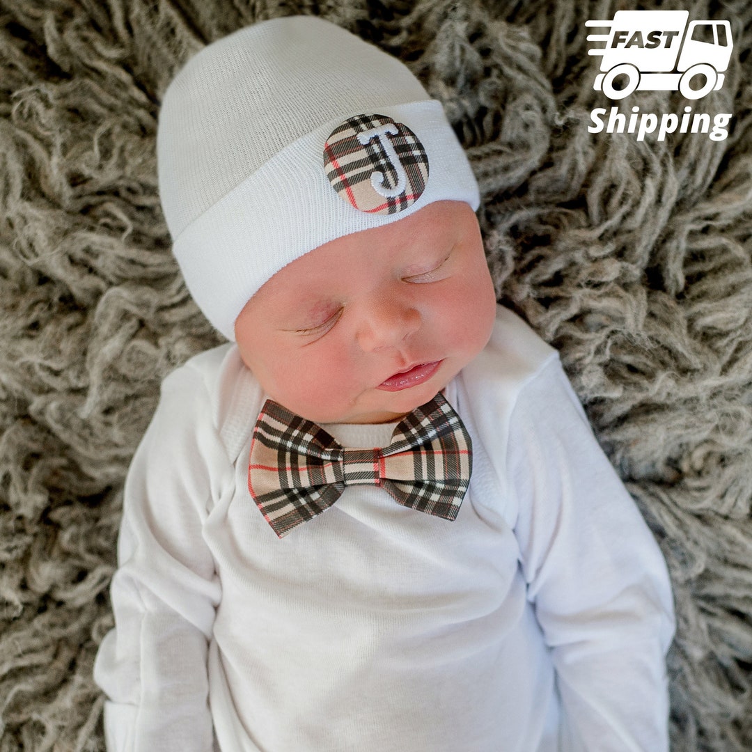 Personalized Baby Boy Tartan Bowtie Onesie & Embroidered Hat Set - Etsy
