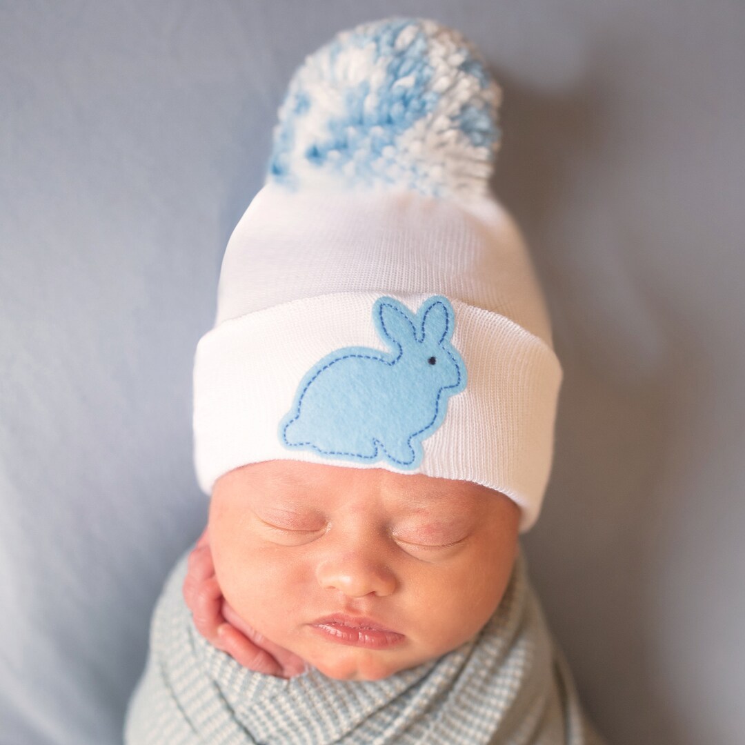 Newborn Boy Hospital Hat: Bunny Patch, Blue Pom Pom, Double Ply - Etsy
