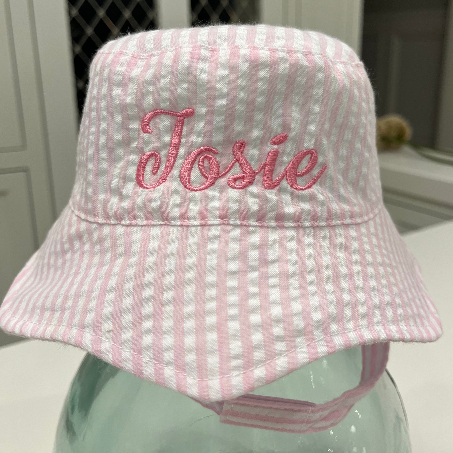Embroidered Seersucker Sun Hat: Pink Floppy Brim, Velcro Chin Strap - Etsy