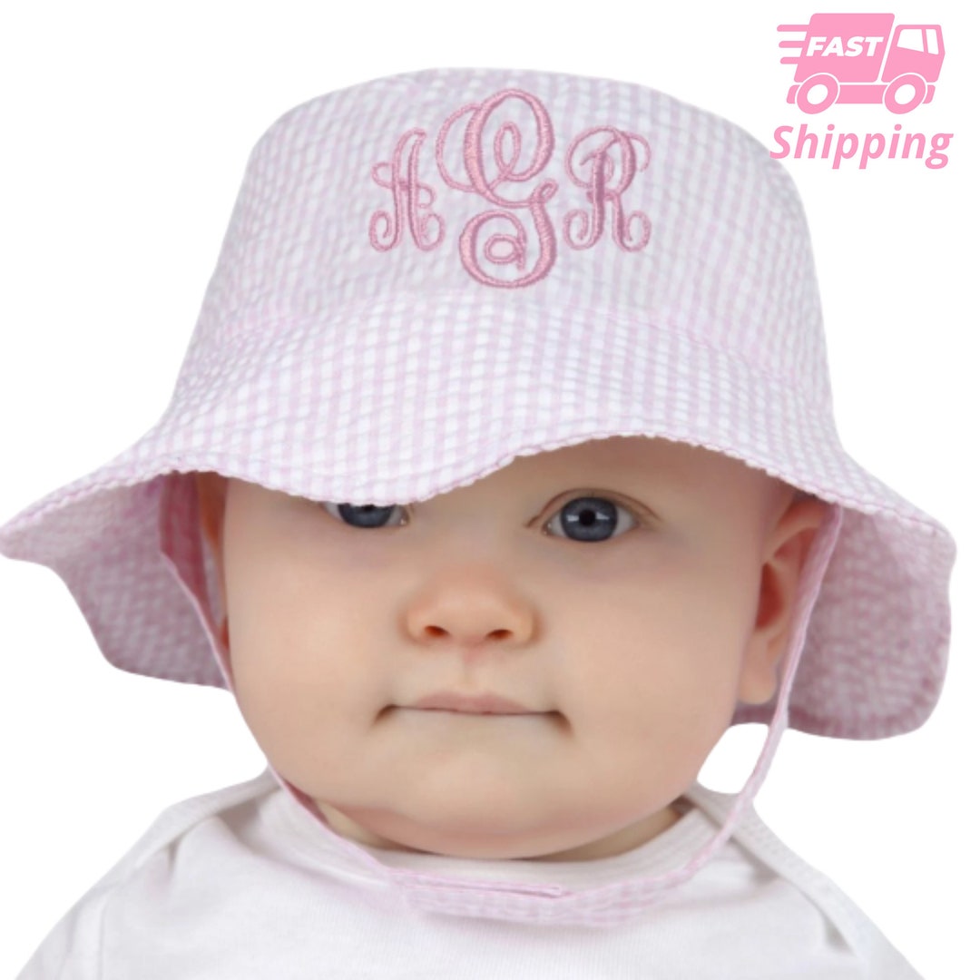Embroidered Seersucker Sun Hat: Pink Floppy Brim, Velcro Chin Strap - Etsy
