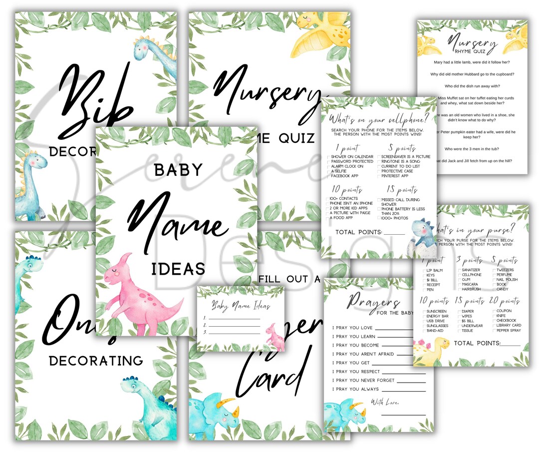 Girl's Dinosaur Baby Shower Game/activity Bundle - Downloadable Prints ...