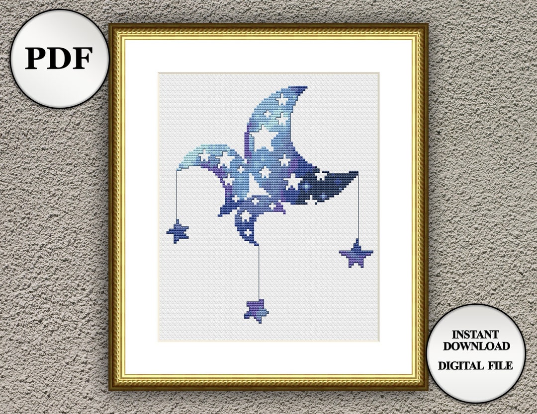 Funny Crescent Cross Stitch Pattern Moon and Stars Nursery Wall Art ...