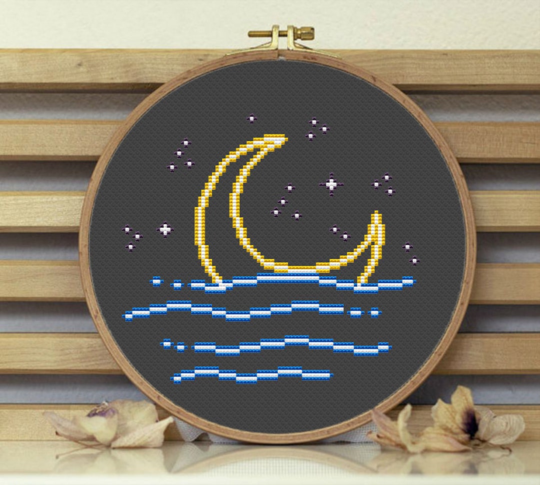 Neon Crescent Cross Stitch Pattern Moon and Stars Simple Easy Patterns ...
