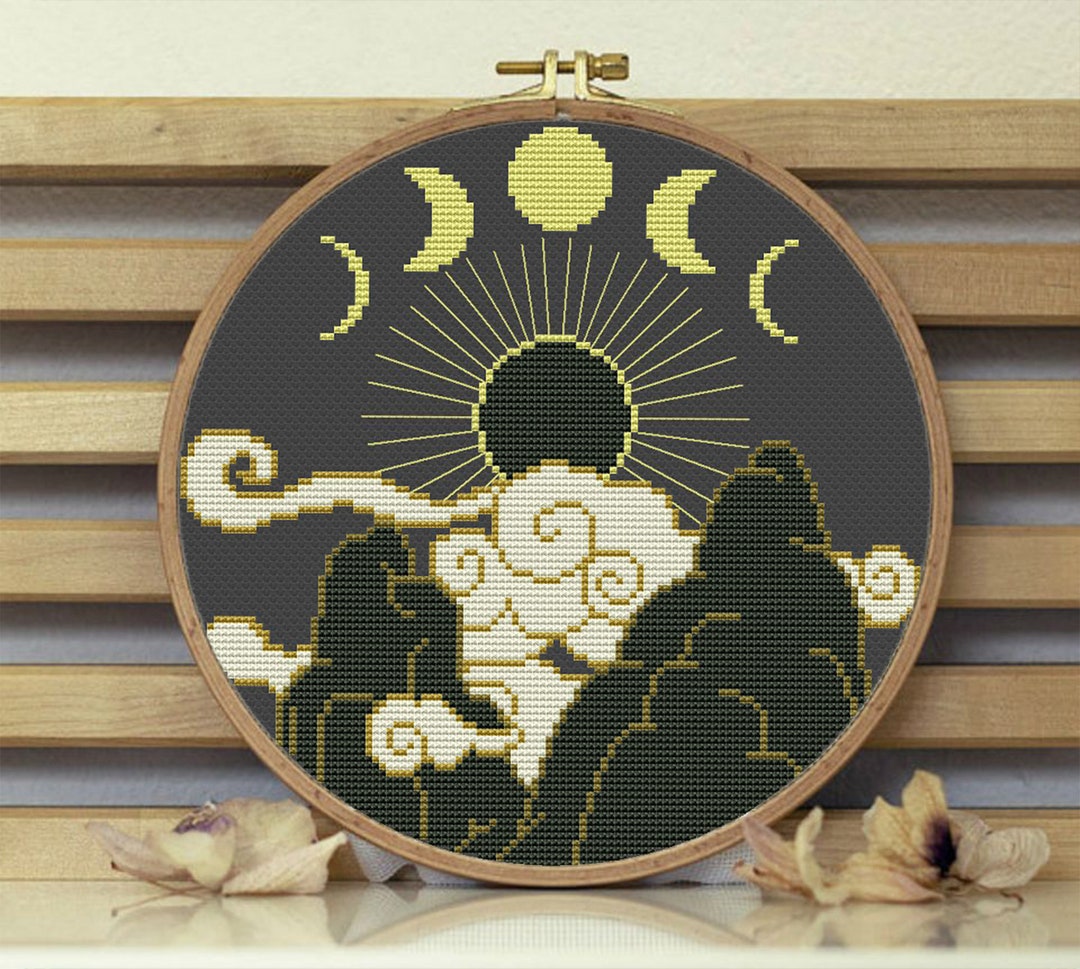 Sun and Moon Cross Stitch Pattern Sunset Boho Style Art PDF Mountain ...