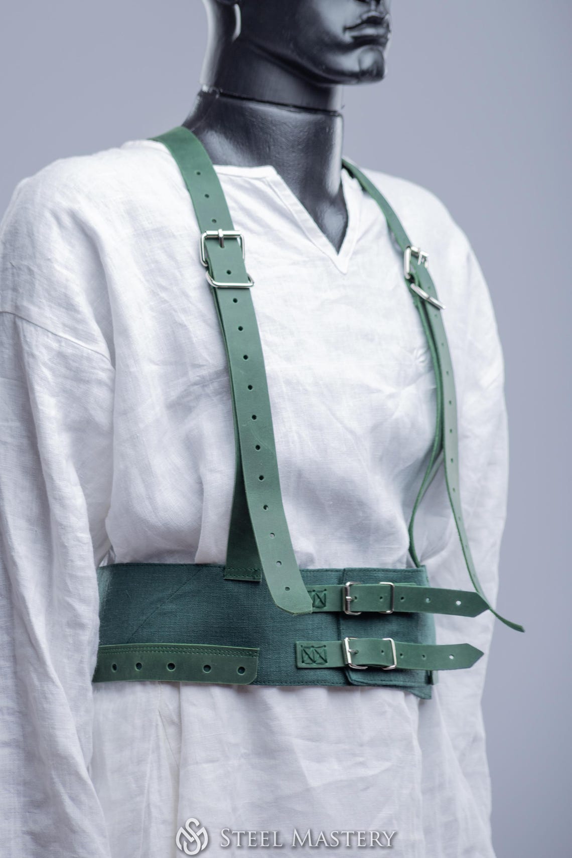 Green Leather Medieval Belt With Suspenders, Arming Belt - Etsy