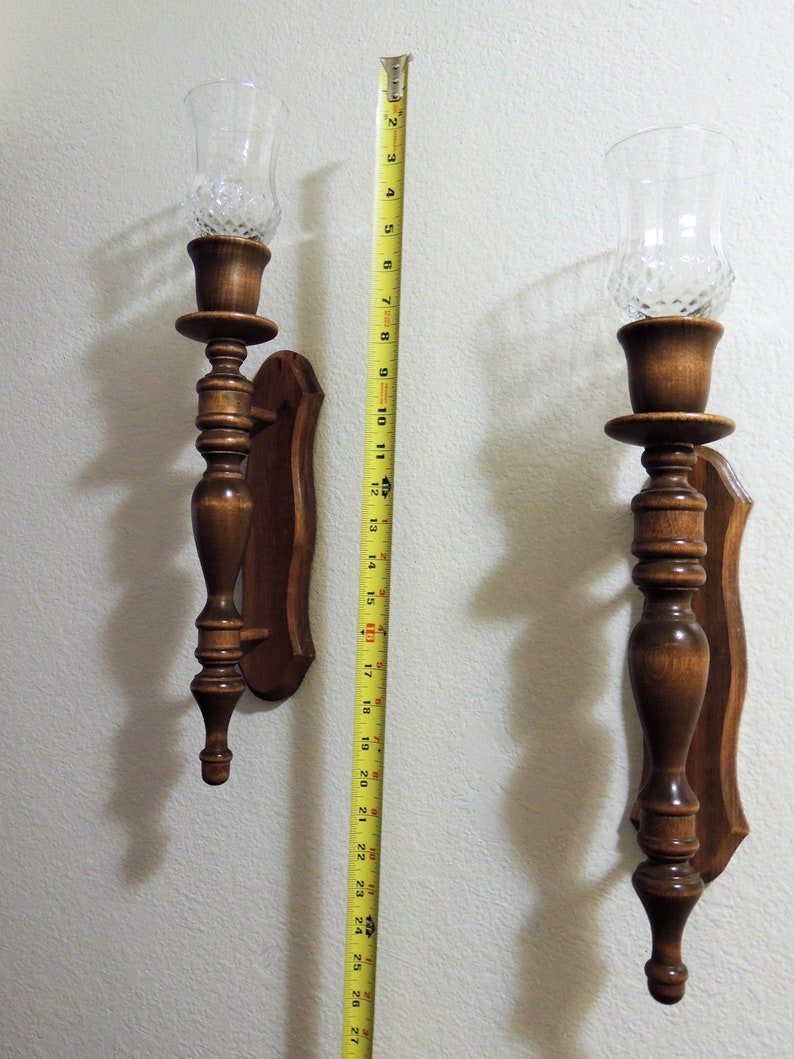 Wood Mid 1970s Colonial Candle Sconces With Glass Shades. - Etsy