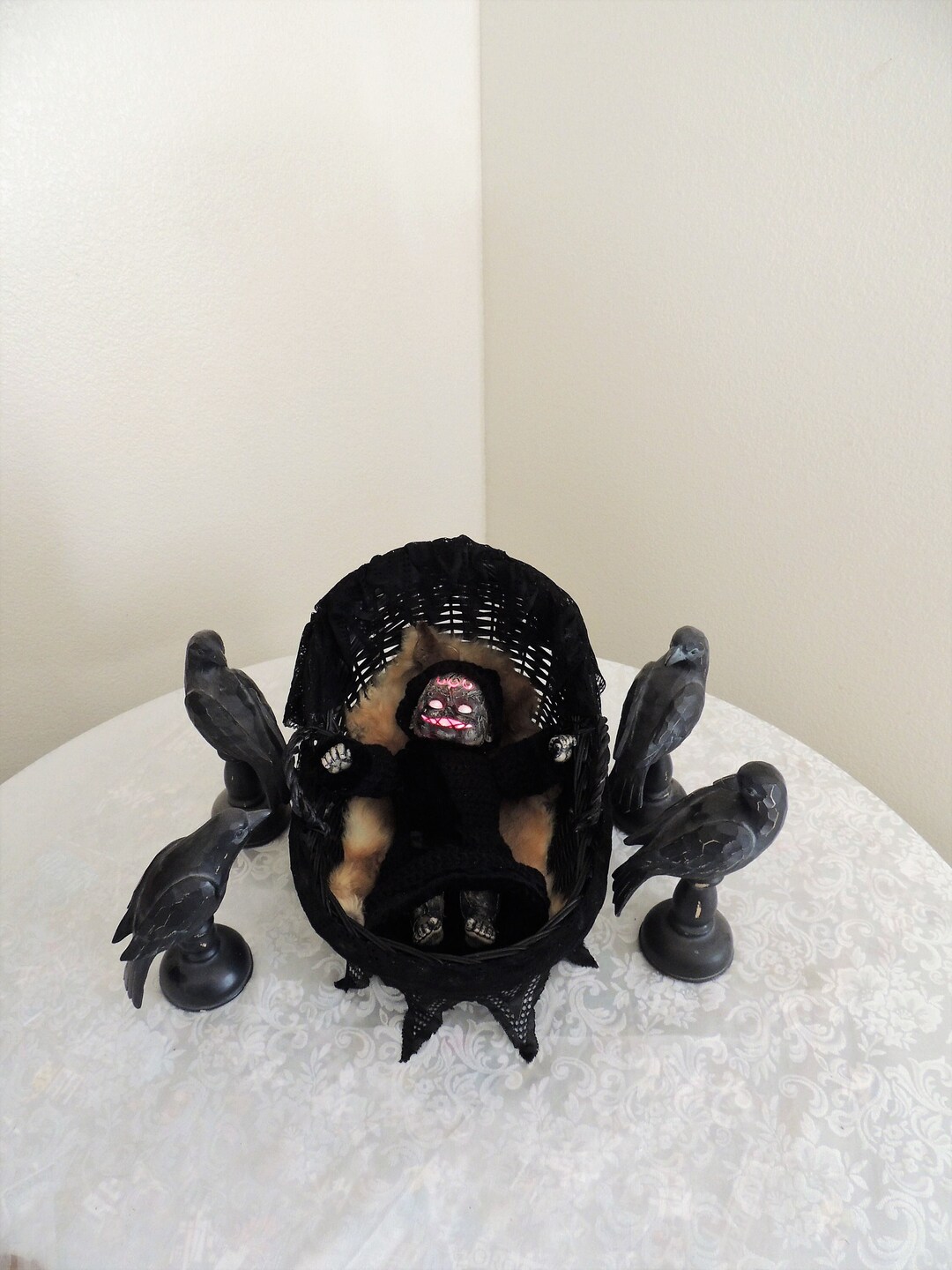 Handmade Light up 666 Creepy Doll / Baby in Bassinet, Halloween Prop ...