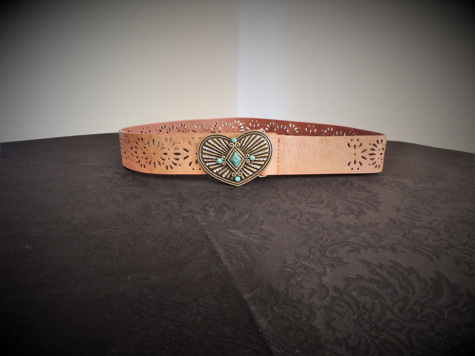 Vintage 1980's Heart Belt Buckle With Leather Punched Belt Adjustable ...