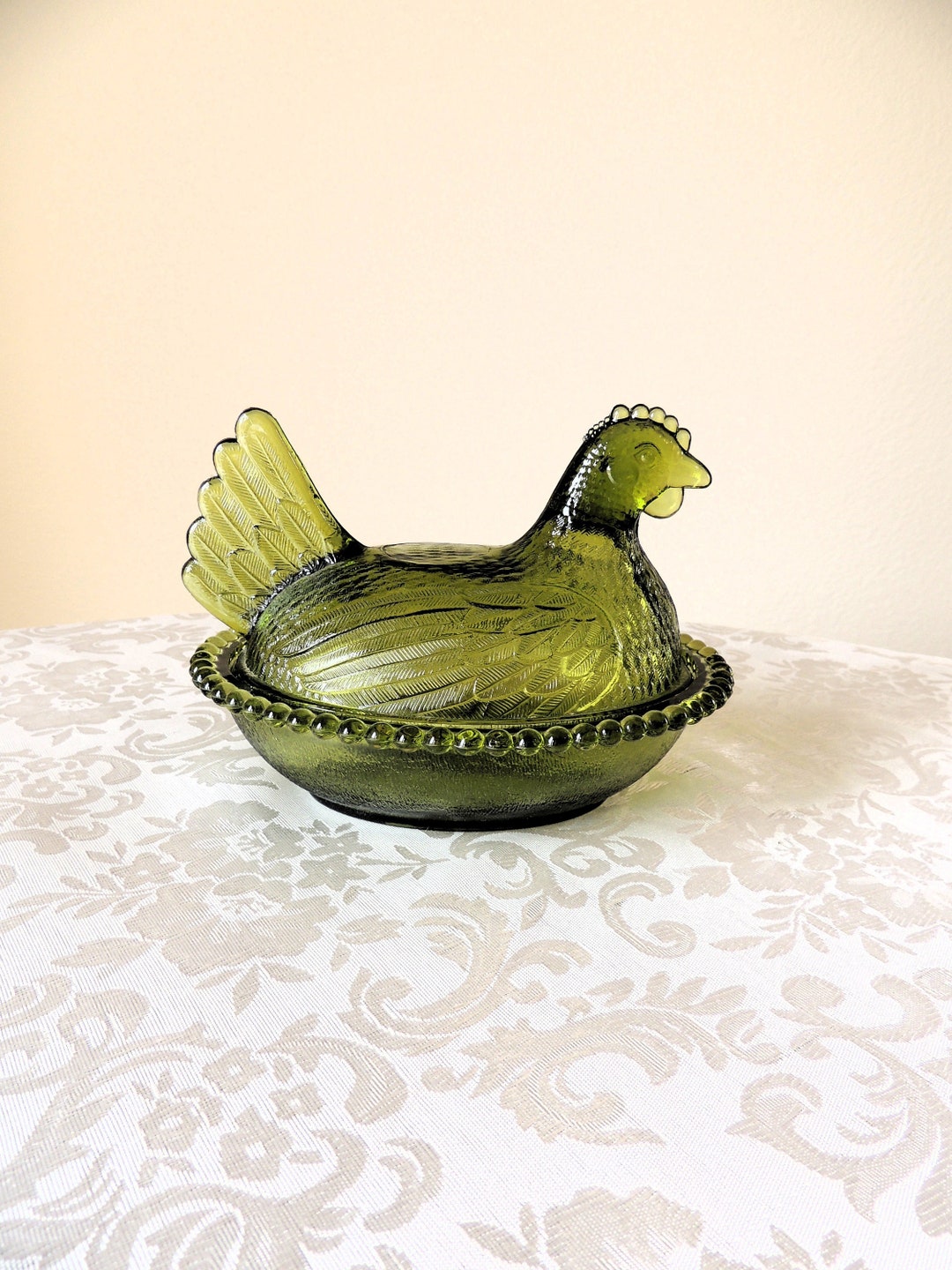 1970's Vintage Indiana Glass, Green Nesting Hen, Collector's . - Etsy