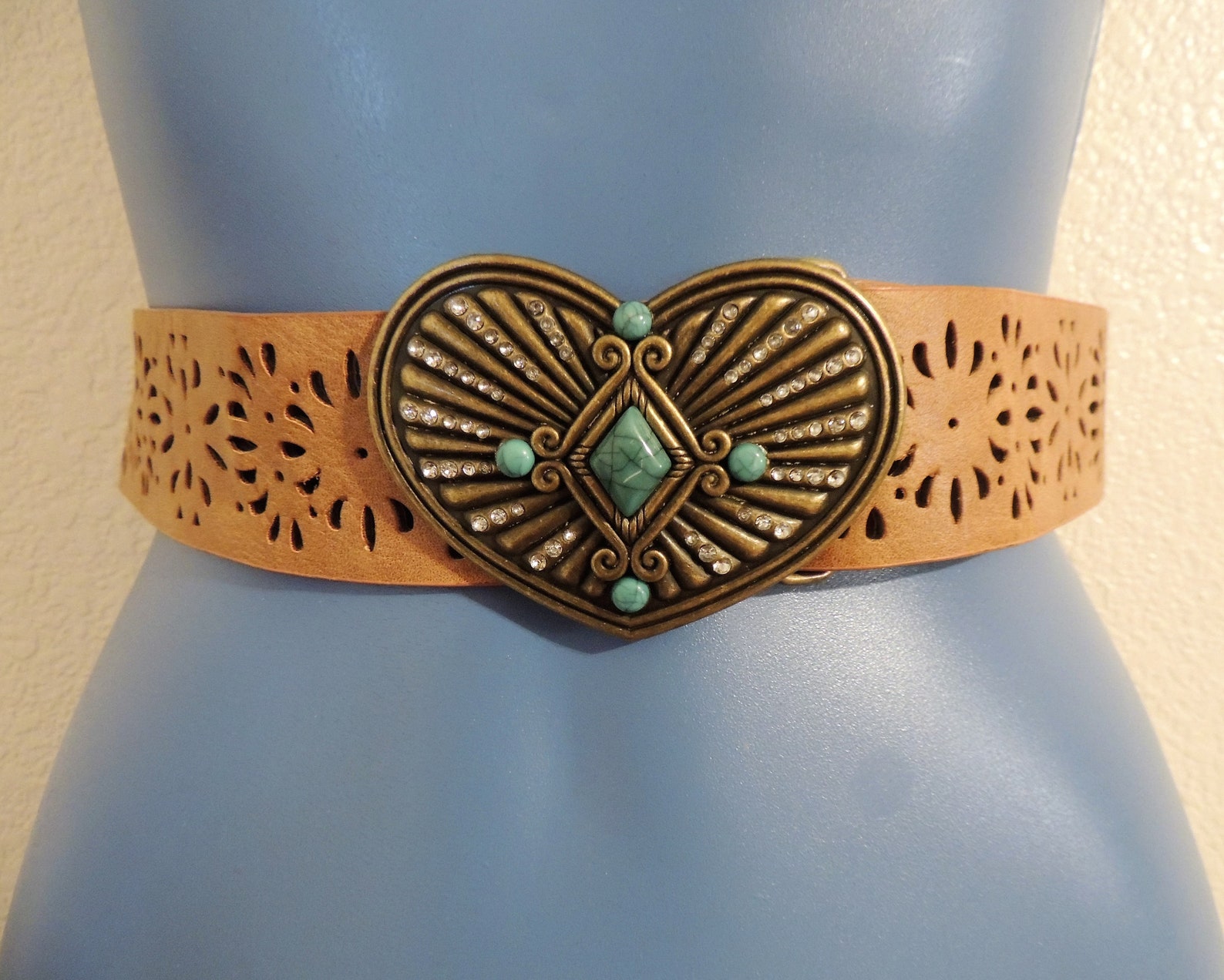 Vintage 1980's Heart Belt Buckle With Leather Punched Belt Adjustable ...