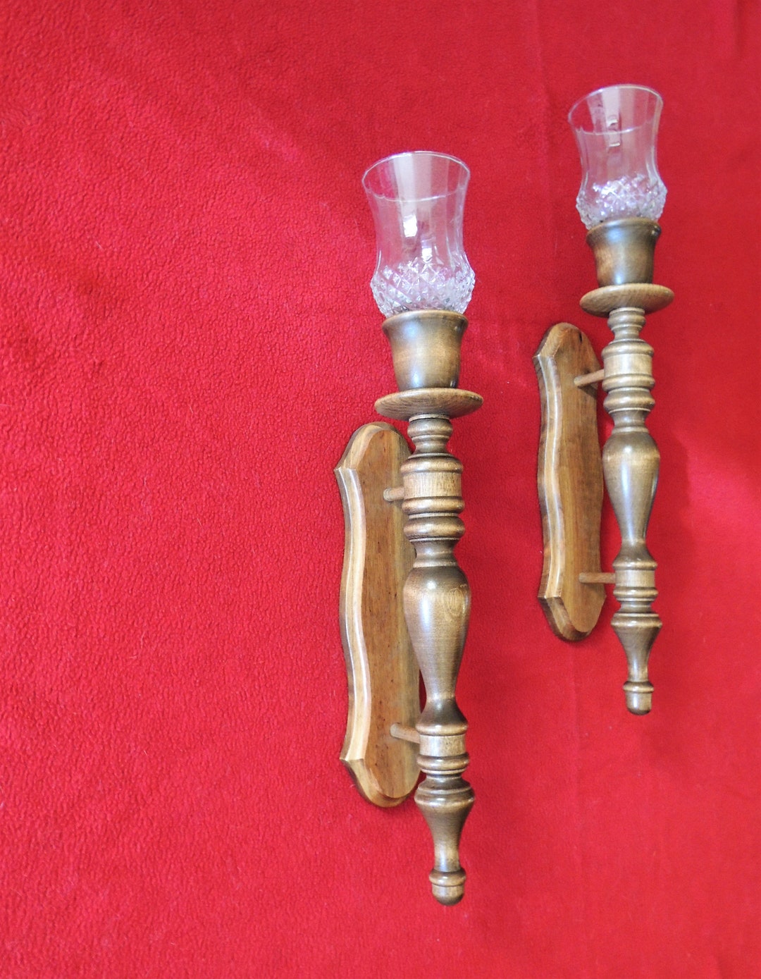 Wood Mid 1970s Colonial Candle Sconces With Glass Shades. - Etsy