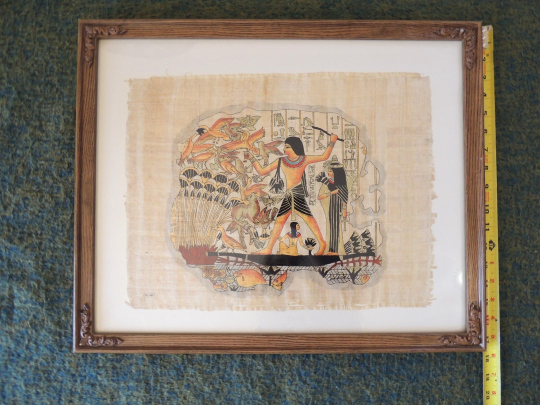 Framed Egyptian Papyrus Hand Painted Artwork From Temple Walls, Signed ...