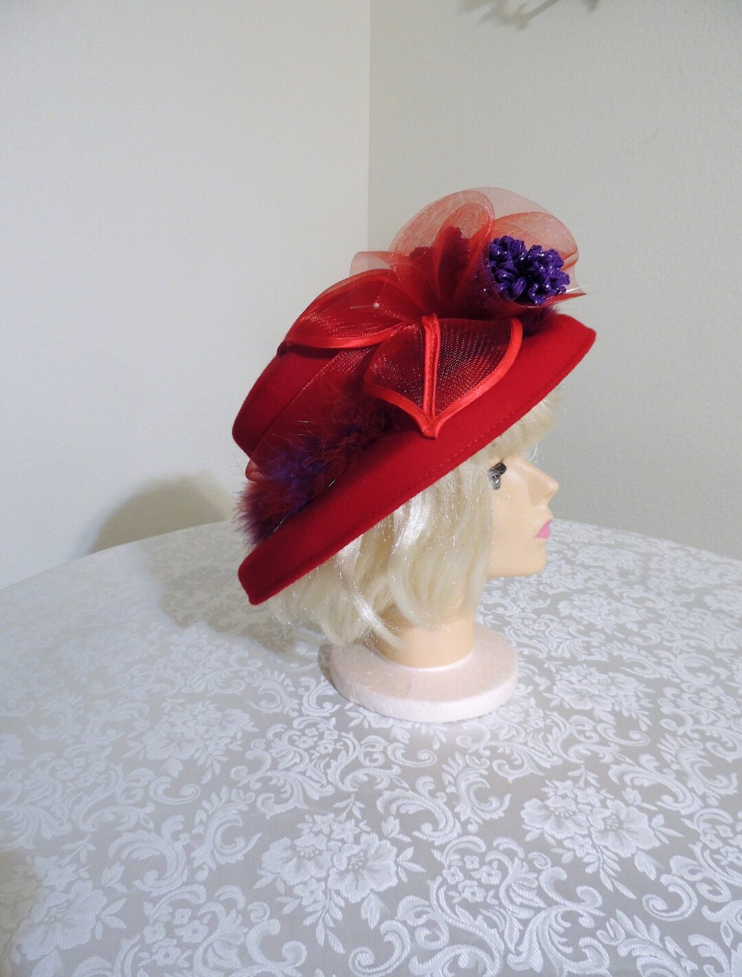 Vintage 1980's Wool Red Hat With Feathers, Tule Floral Embellishments ...