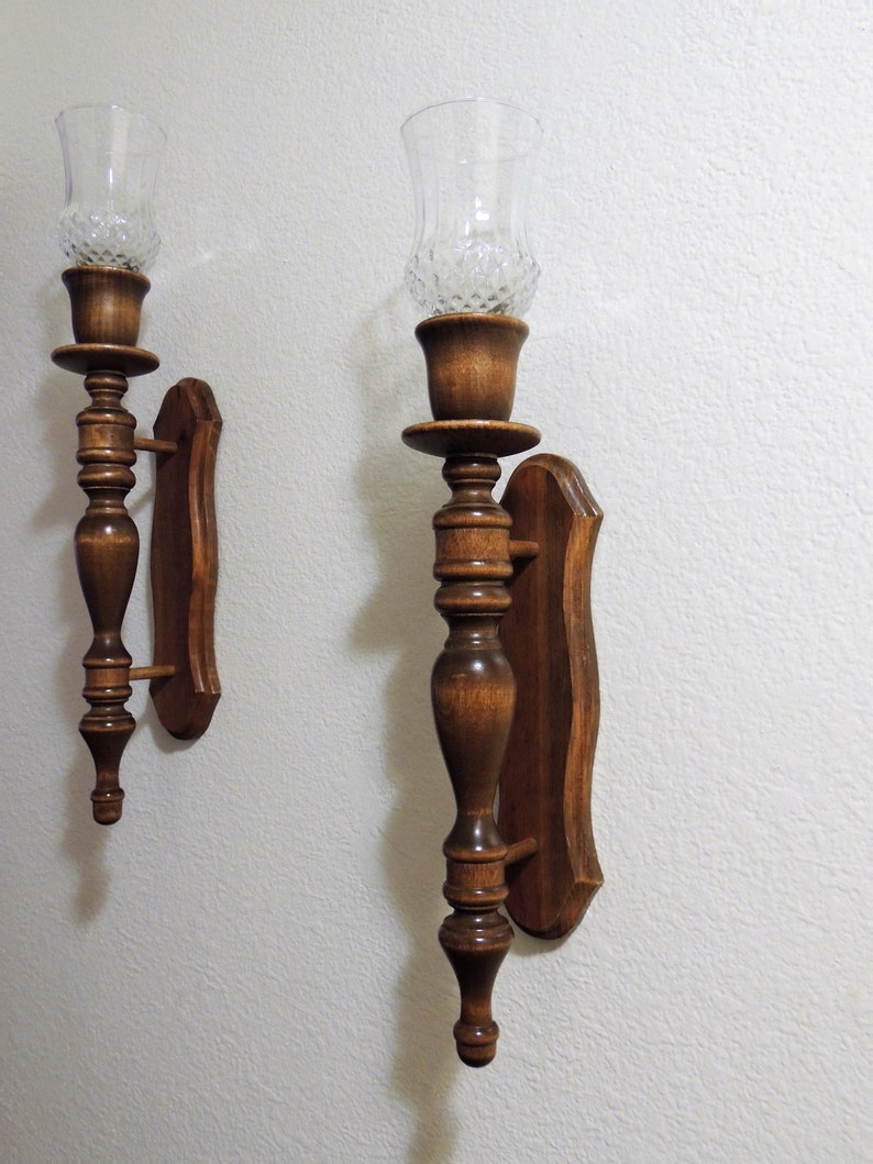 Wood Mid 1970s Colonial Candle Sconces With Glass Shades. - Etsy