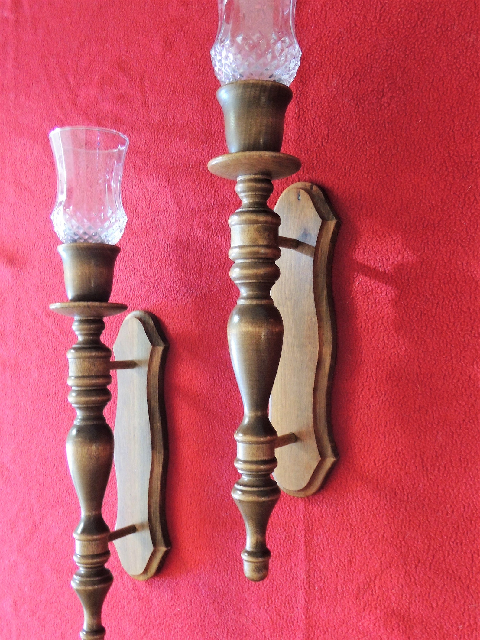 Wood Mid 1970s Colonial Candle Sconces With Glass Shades. - Etsy