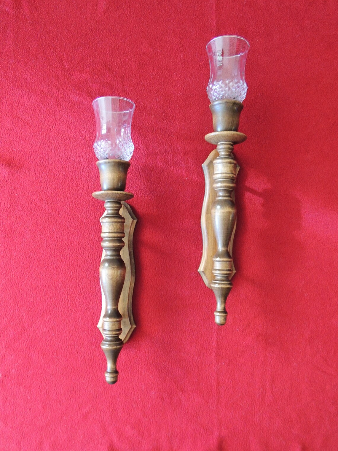 Wood Mid 1970s Colonial Candle Sconces With Glass Shades. - Etsy