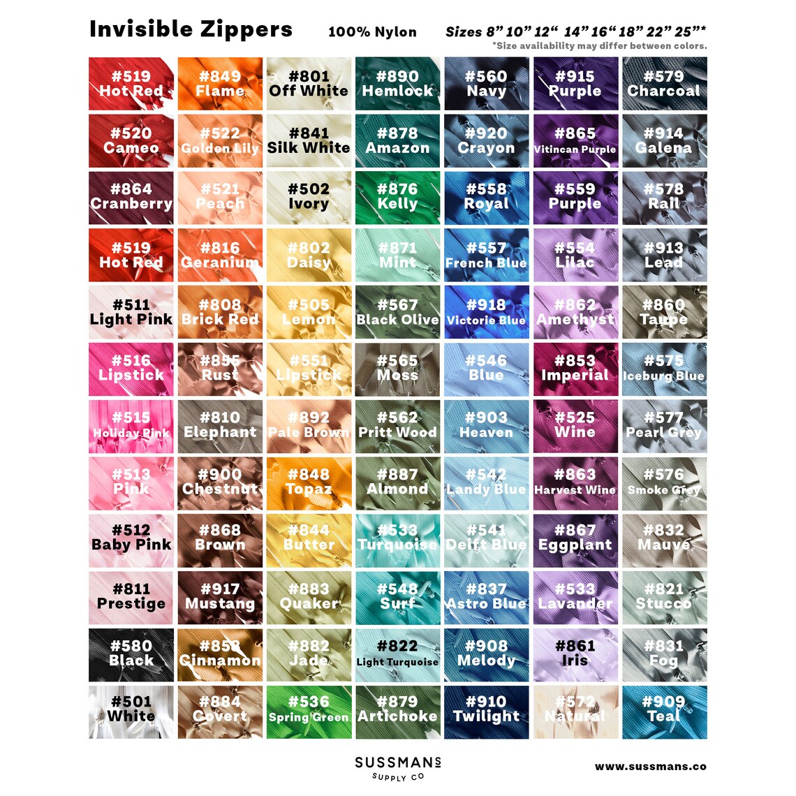 Invisible Zippers - Rainbow Pack - Nylon Invisible Zippers Wholesale ...