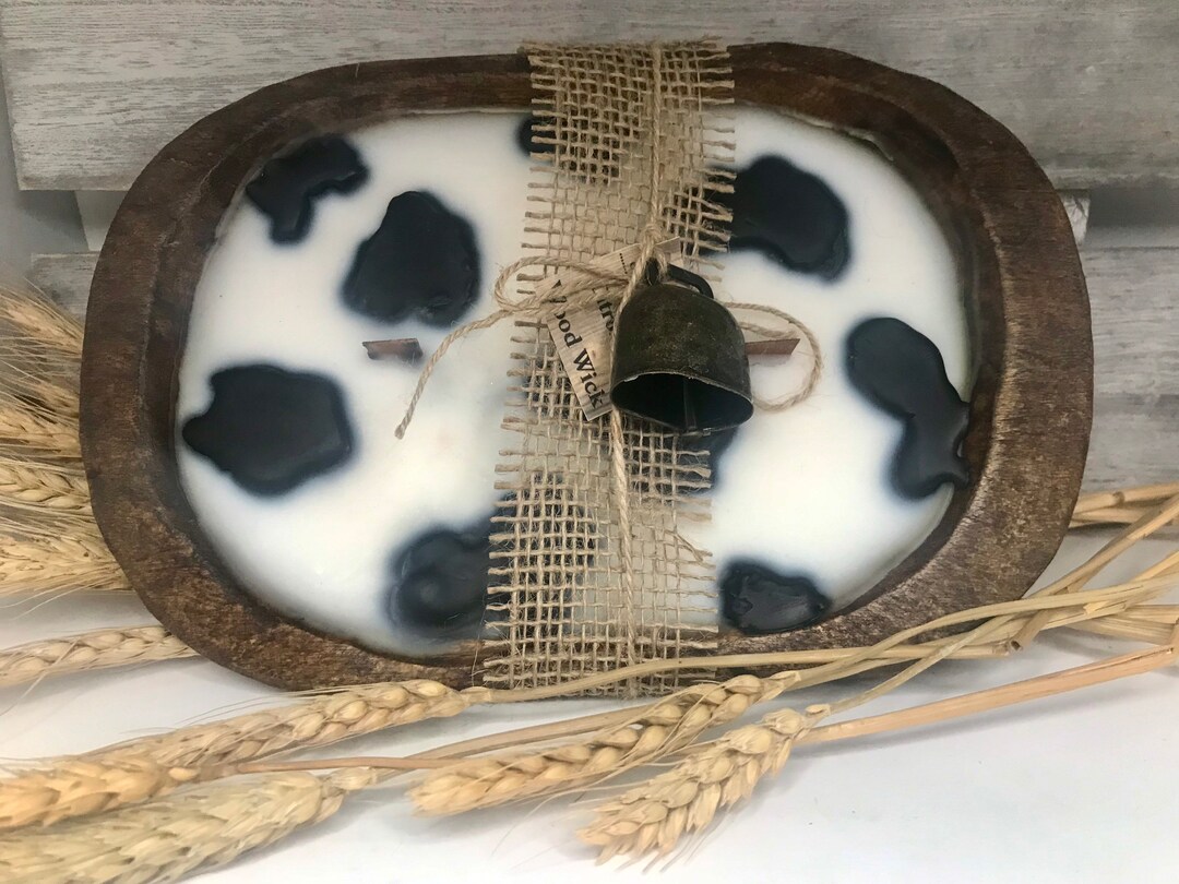 Cow Print Farm House Themed Candle, Burlap and Cow Bell, Wooden Wick ...