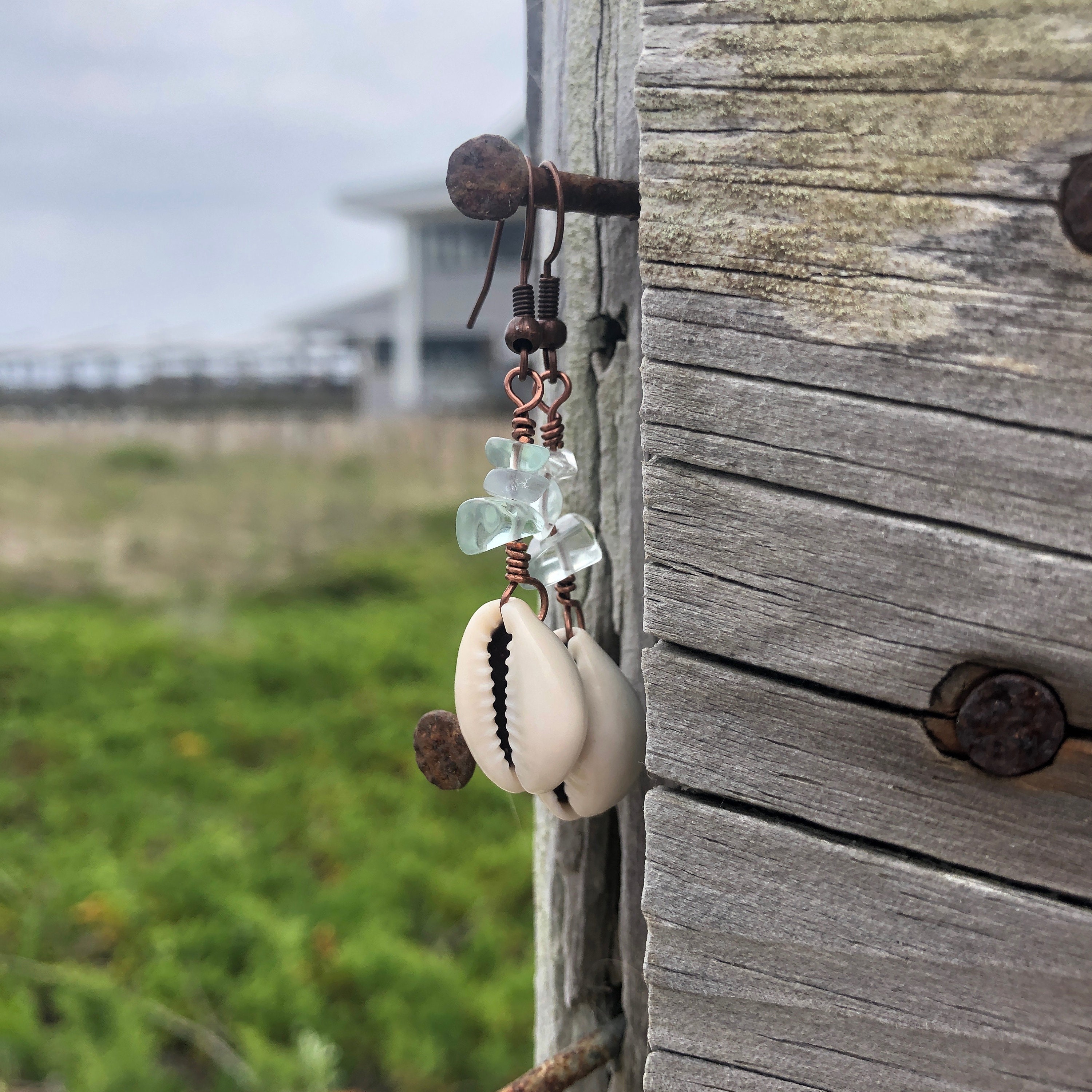 The beach Chica Earrings Cowrie Shell Earrings Sea Glass Earrings ...