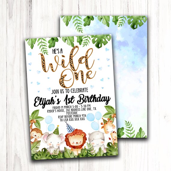 Wild One Leopard Print Jungle Birthday Party Invitation Animal Safari ...