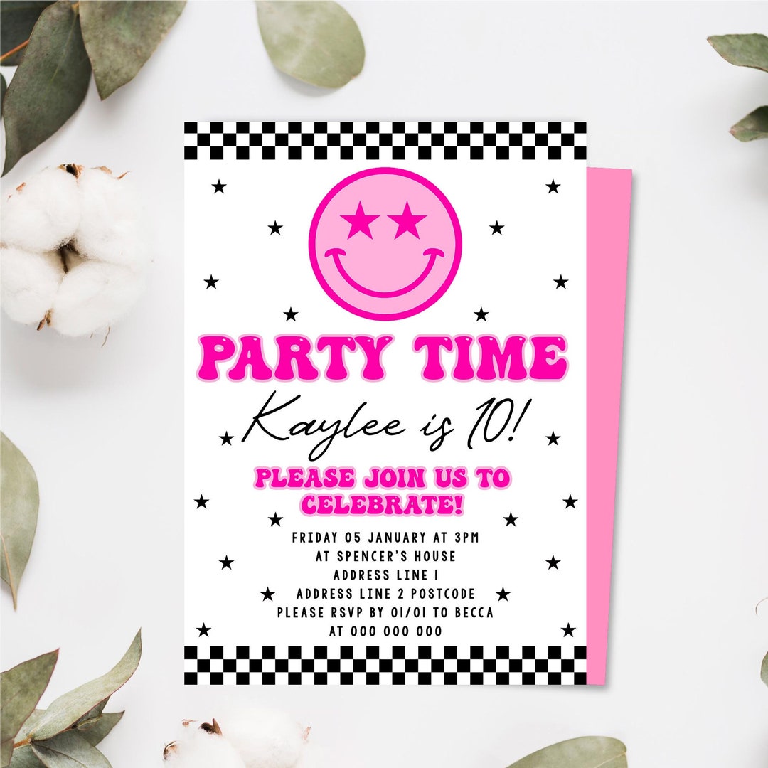 Smiley Face Birthday Invitation, Editable Pink Happy Smiley Face Invite ...