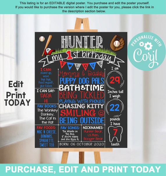 EDITABLE Baseball First Birthday Chalkboard Poster | Boy 1st Birthday ...