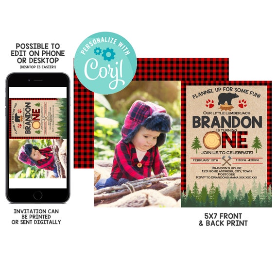 Lumberjack First Birthday Invitation editable Photo, Buffalo Plaid ...