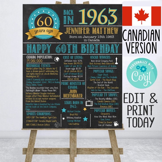 60th birthday Personalized gift 60 years ago Back in 1963 Sign Canada ...
