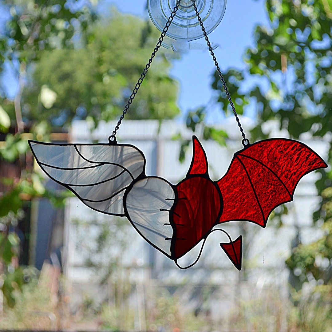 Stained Glass Angel Devil Heart Suncatcher Heavenly Inferno Decor ...
