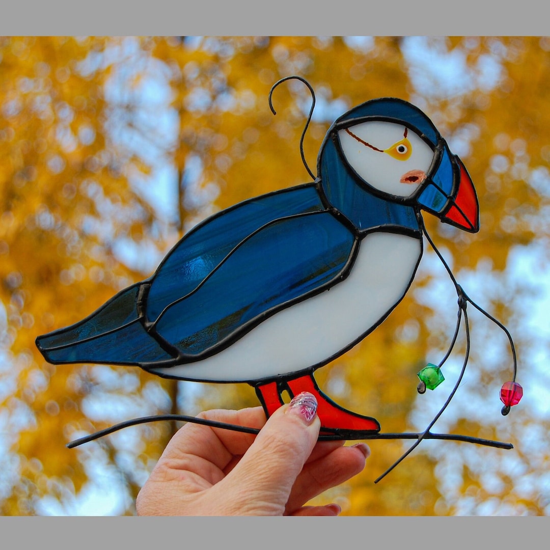 Puffin Stained Glass Suncatcher Bird Ornament Puffin on Branch Bird ...