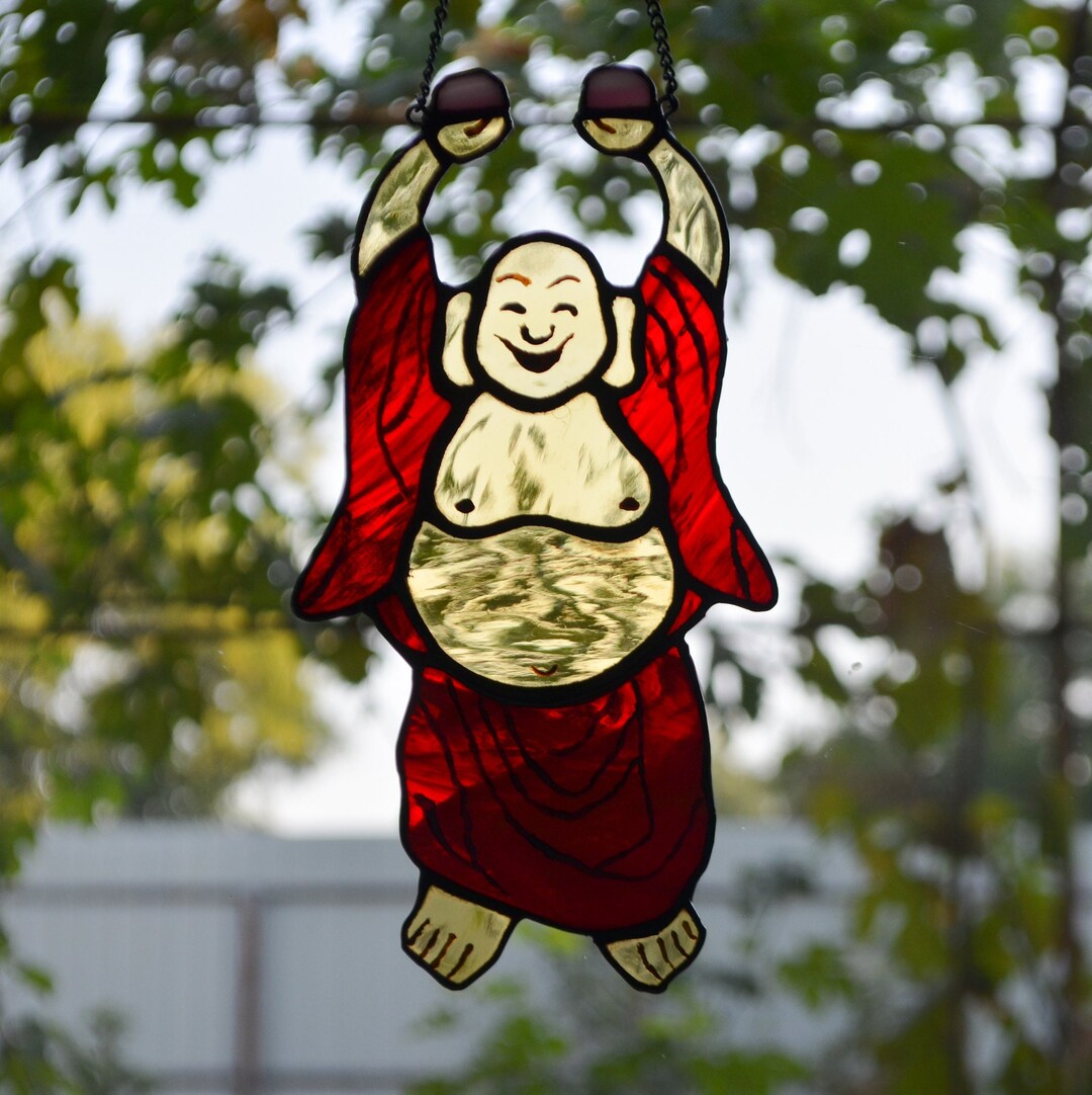 Stained Glass Laughing Buddha Suncatcher Window Hanging Plump Buddha ...