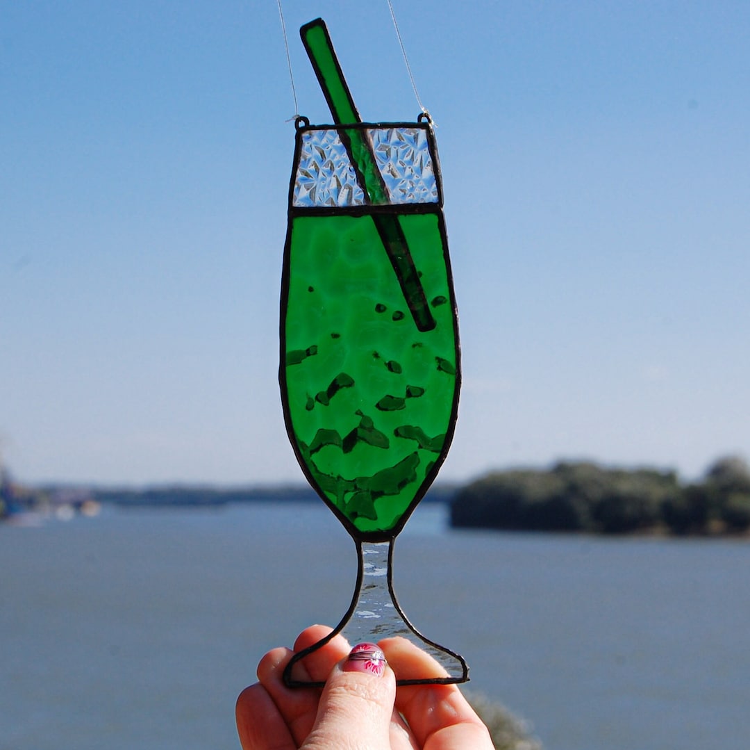 Green сocktail Glass Suncatcher Stained Glass Bar Ornament Booze Lover ...