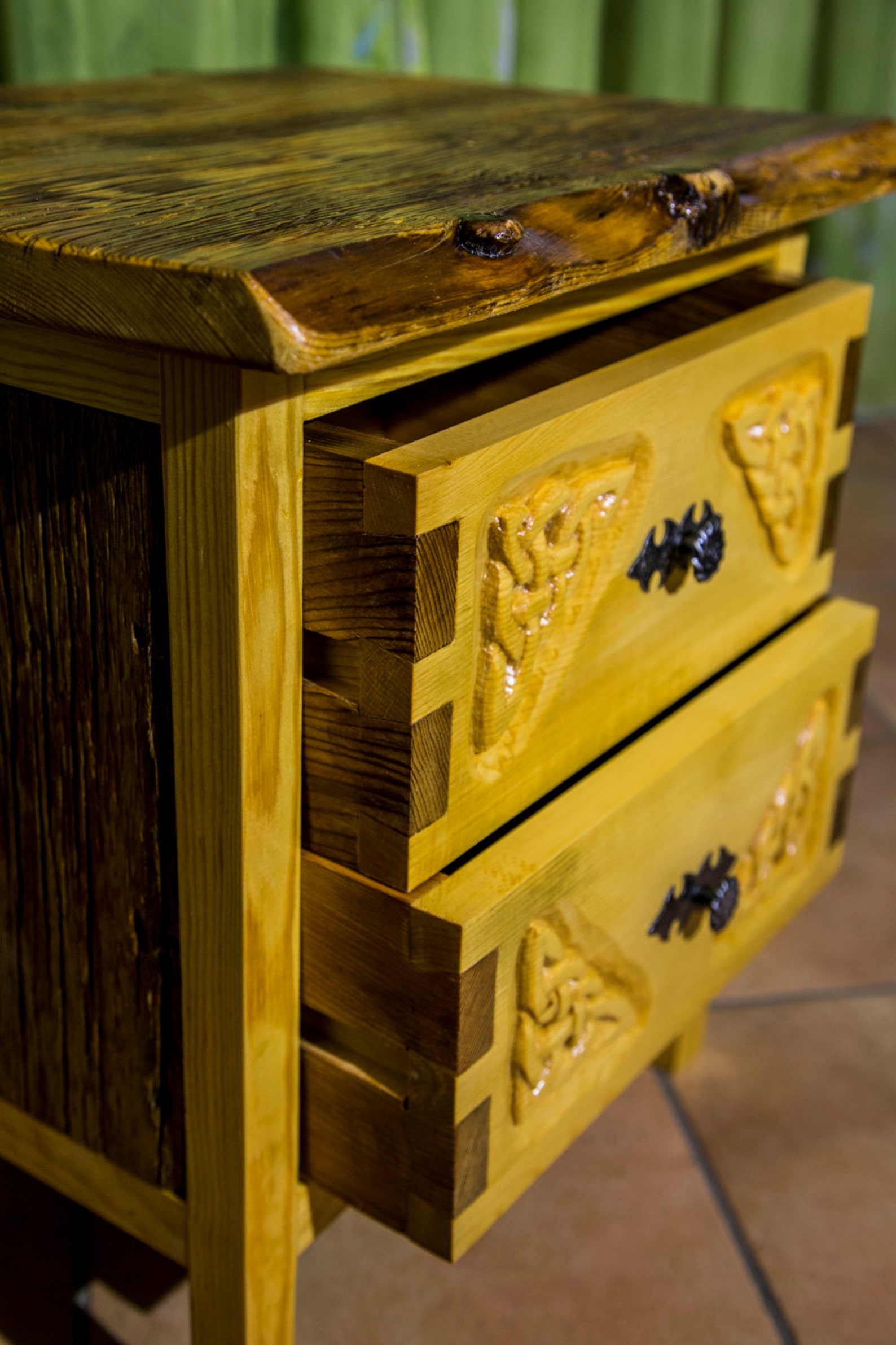 Custom Wood CARVED BEDSIDE Table Custom RECLAIMED Wood Bedside Table ...