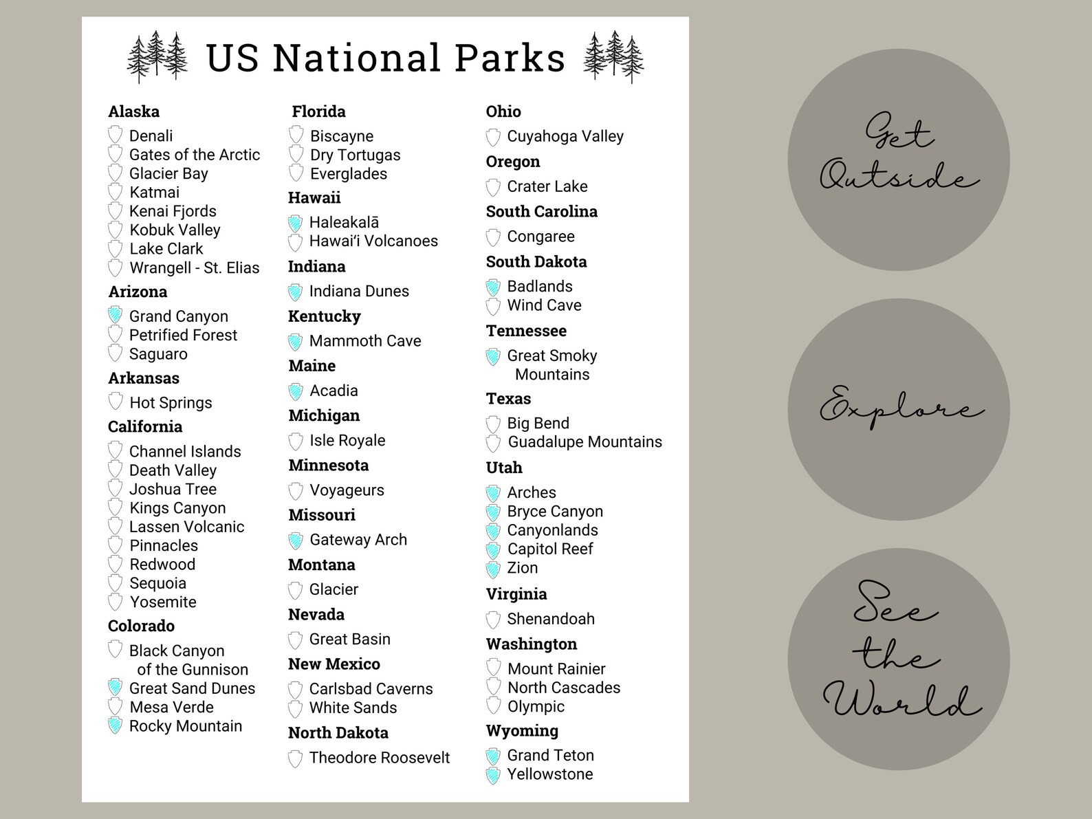 Printable United States National Park Checklist | Travel Checklist ...
